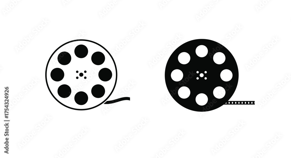 Two film reels depicted in a simple black and white illustration Stock ...