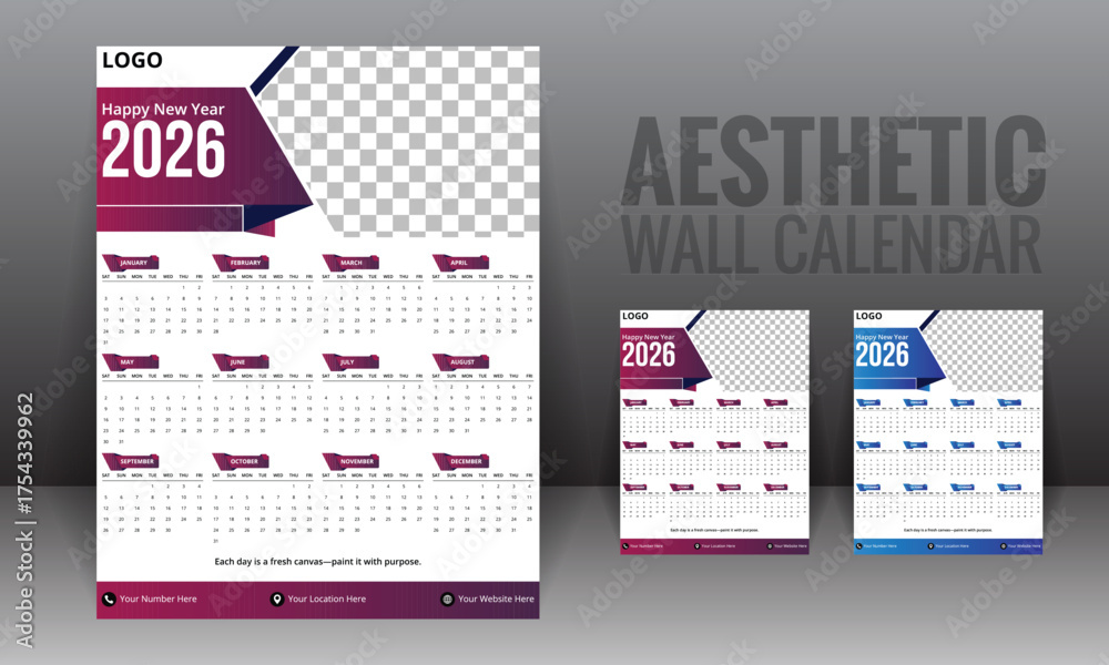 Aesthetic, futuristic & trendy English wall calendar design of 2026 for ...