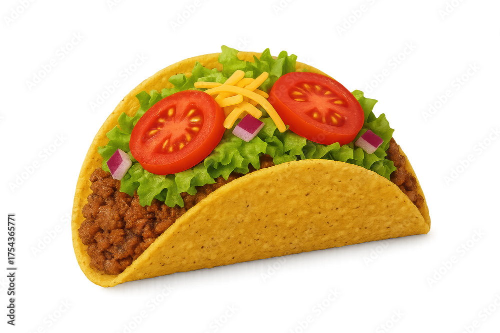 Single yellow hard-shell taco filled with seasoned ground beef, crisp ...