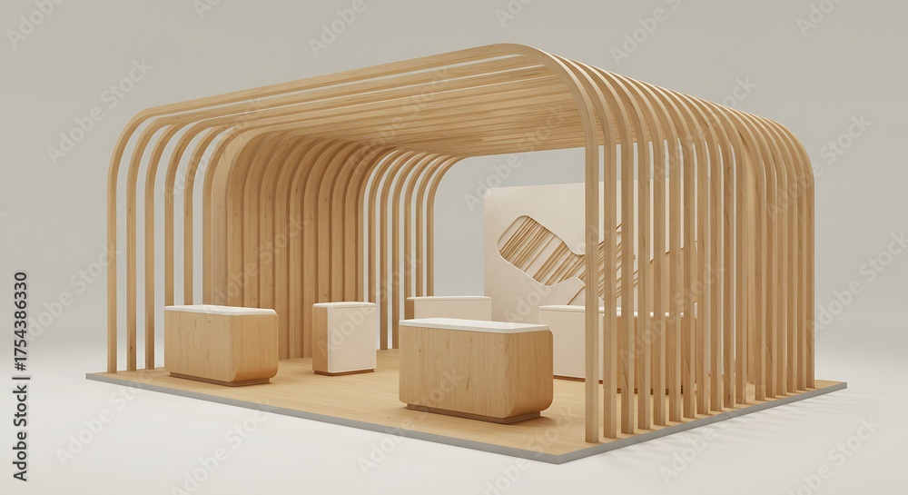 Modern trade show booth design with elegant wooden slats offering a ...
