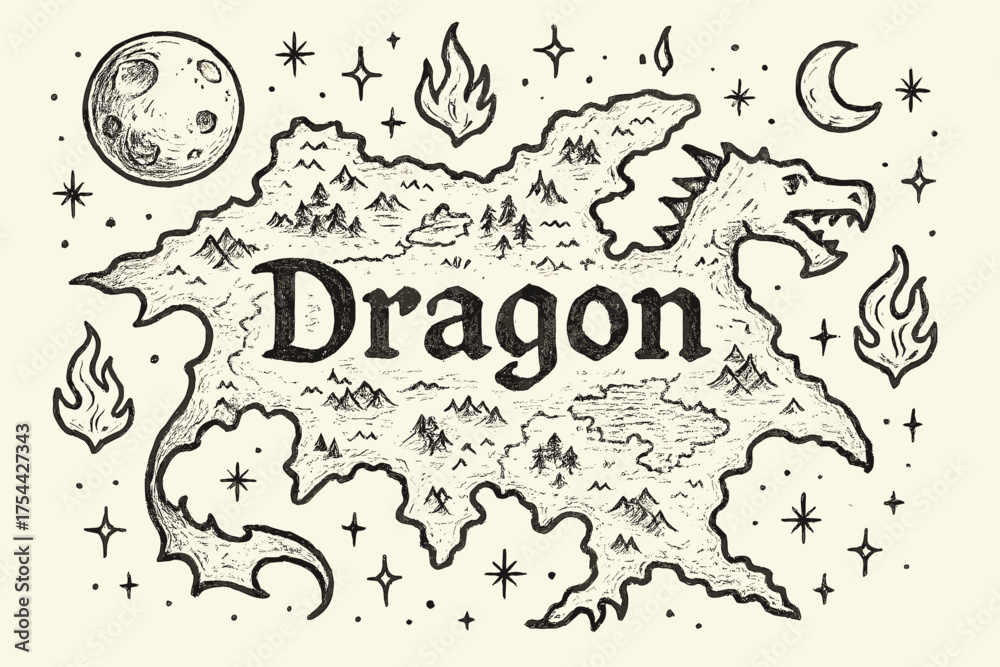 Dragon Map Illustration. Hand-drawn dragon lands map with moons, flames ...