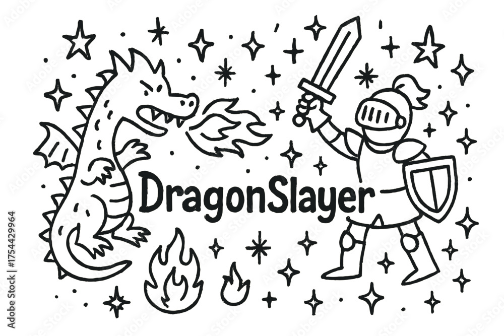 Dragon Slayer Doodle. Doodle dragon-slaying knight with stars, flames ...