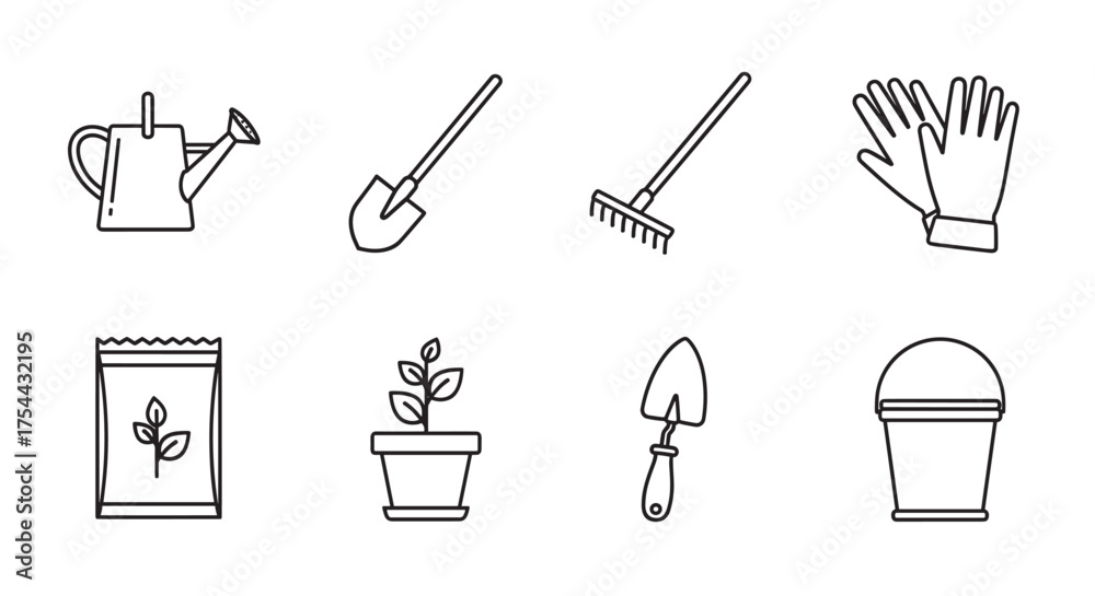 Black outline icons of gardening tools including a watering can, shovel ...