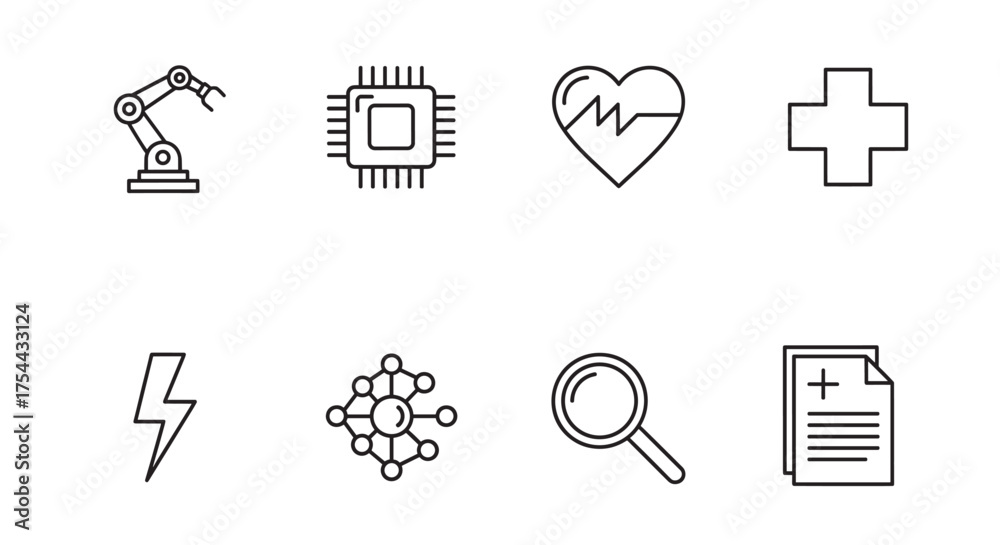 Eight simple black outline icons depicting a robotic arm, microchip ...