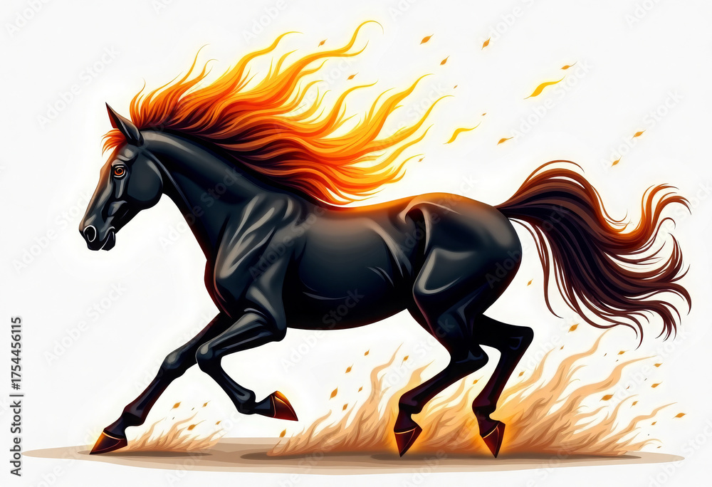 Majestic black fire horse running with blazing mane and tail, fantasy ...