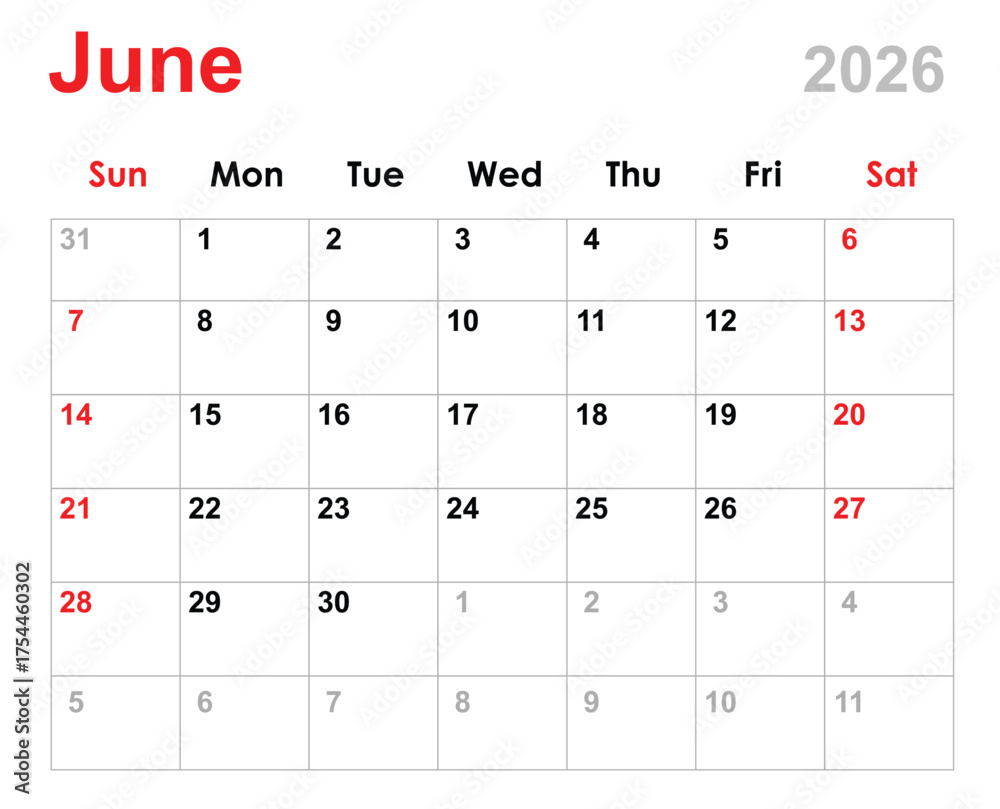 June 2026 calendar. Monthly calendar layout for June 2026. June month ...