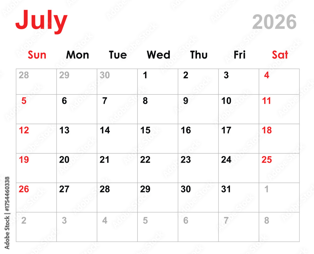 Monthly calendar layout for July 2026. July 2026 calendar. July month ...