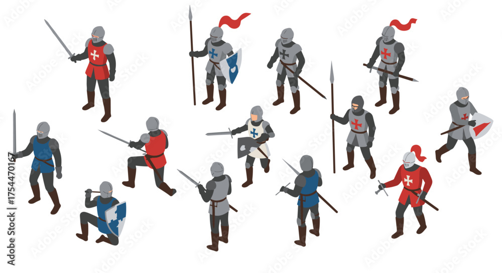 Medieval knight isometric characters with swords and shields in battle ...