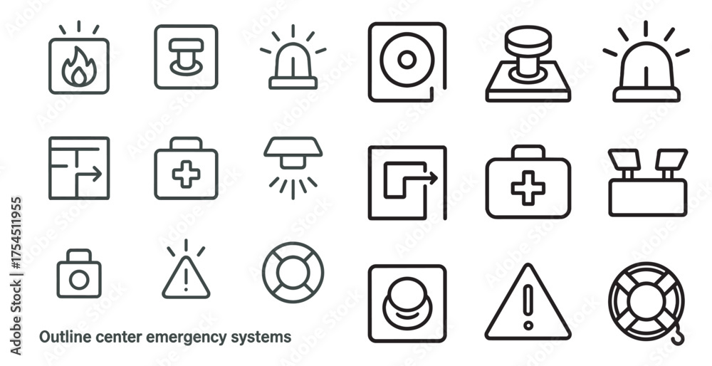 Emergency systems icons set – outline, line, safety and hazard symbols ...