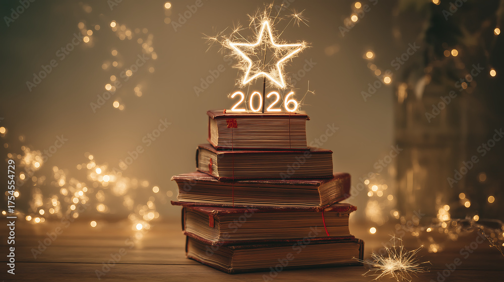 Vintage Book Stack with Glowing Star 2026 Topper Stock Illustration ...