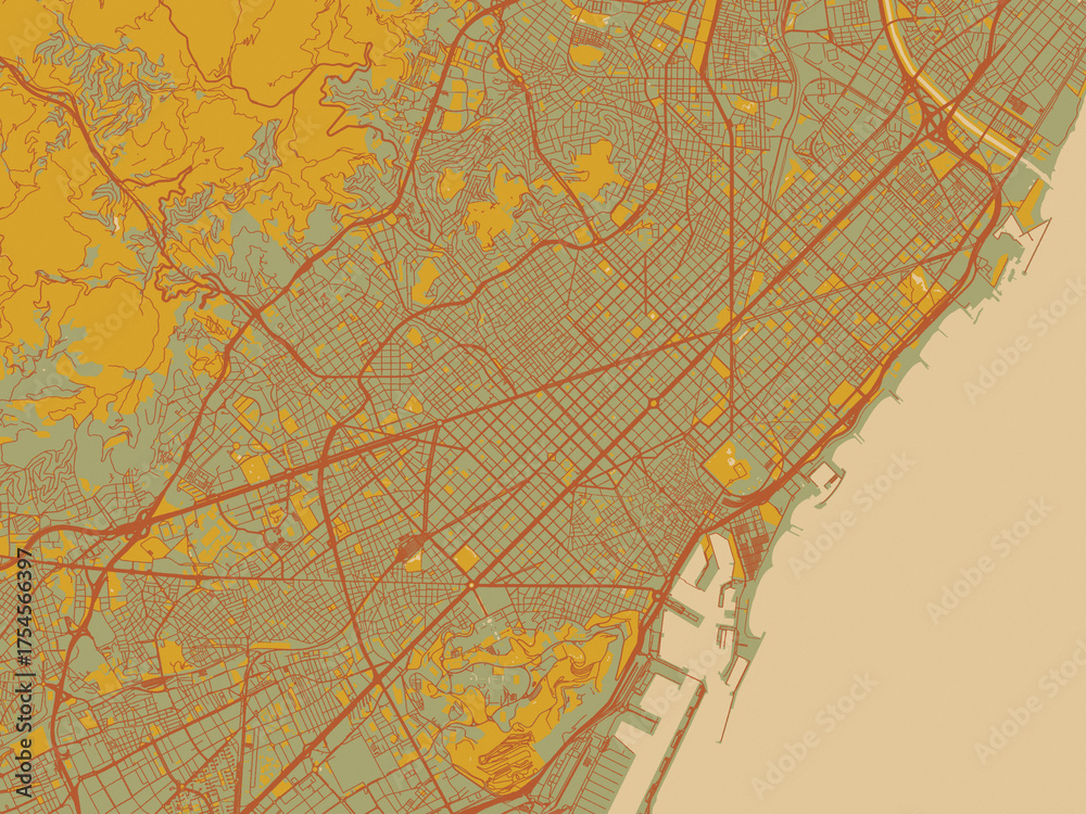 Стоковая иллюстрация «Vector-style flat map of Barcelona, Spain with ...