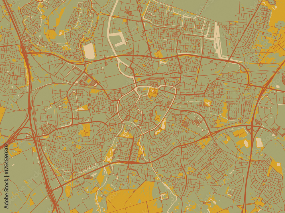 Flat painterly map of Breda, Netherlands in muted sage base, rust ...