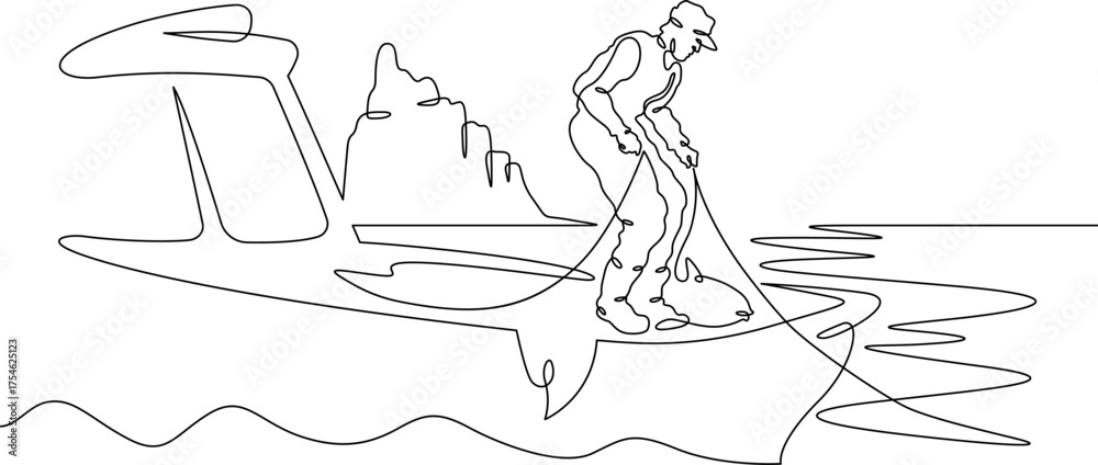 Continuous single line drawing A fisherman takes out a fishing net. A ...