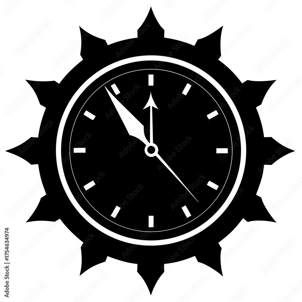 Stylized black clock face with sharp pointed outer edge and white hands ...