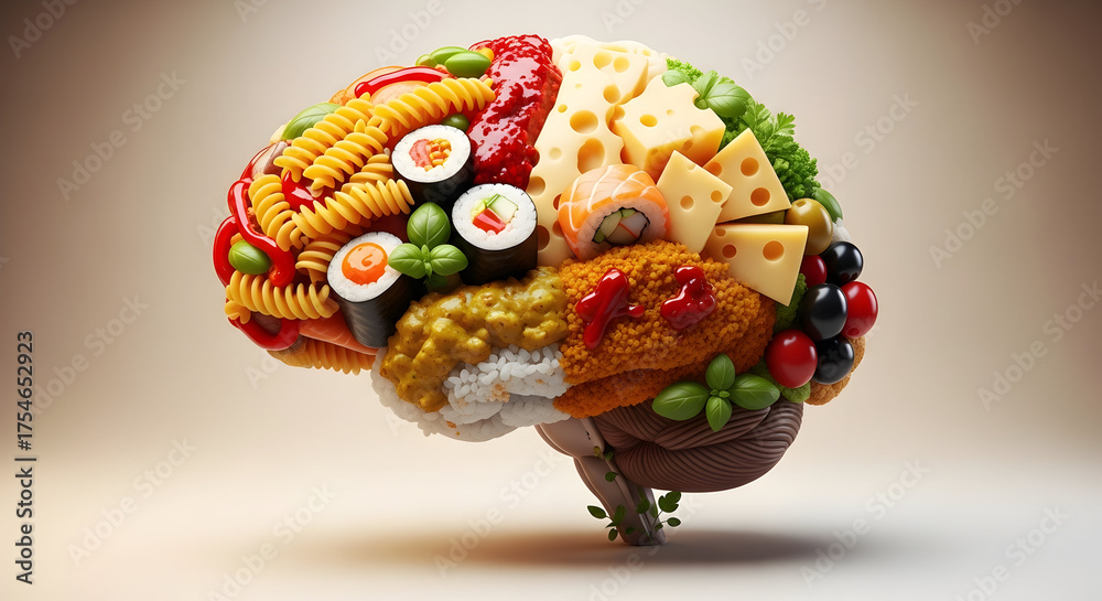 Brain made of diverse food including pasta sushi cheese and vegetables ...