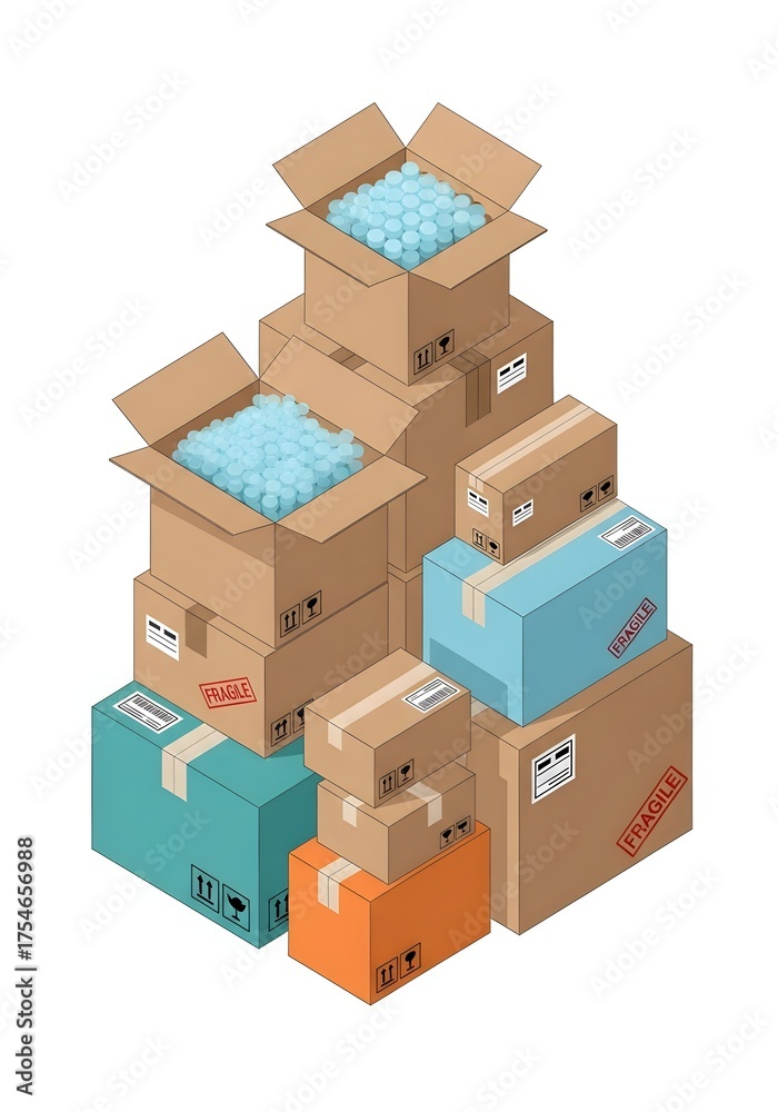 Stack of cardboard boxes with shipping labels and bubble wrap for e ...