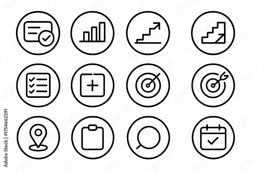 SMART Goals Icons. Line style round icons of SMART goals: specific tag ...