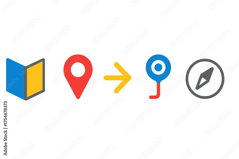 Essential symbols for digital navigation and GPS tracking featuring map ...