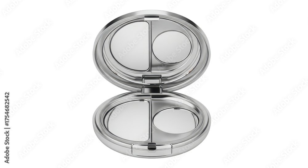 Luxury oval silver makeup compact case open showing two empty ...