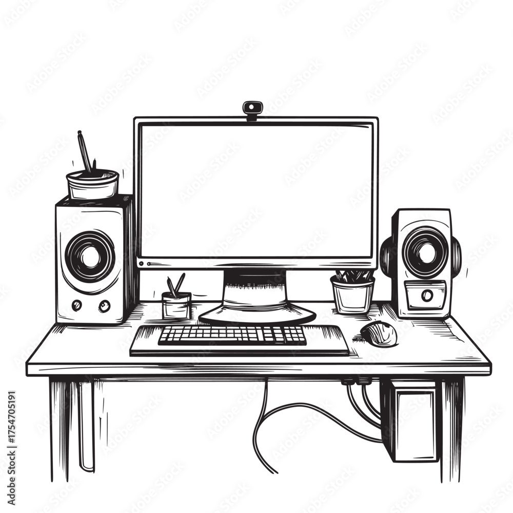 cute hand drawn cartoon outline line art of highperformance desktop for ...