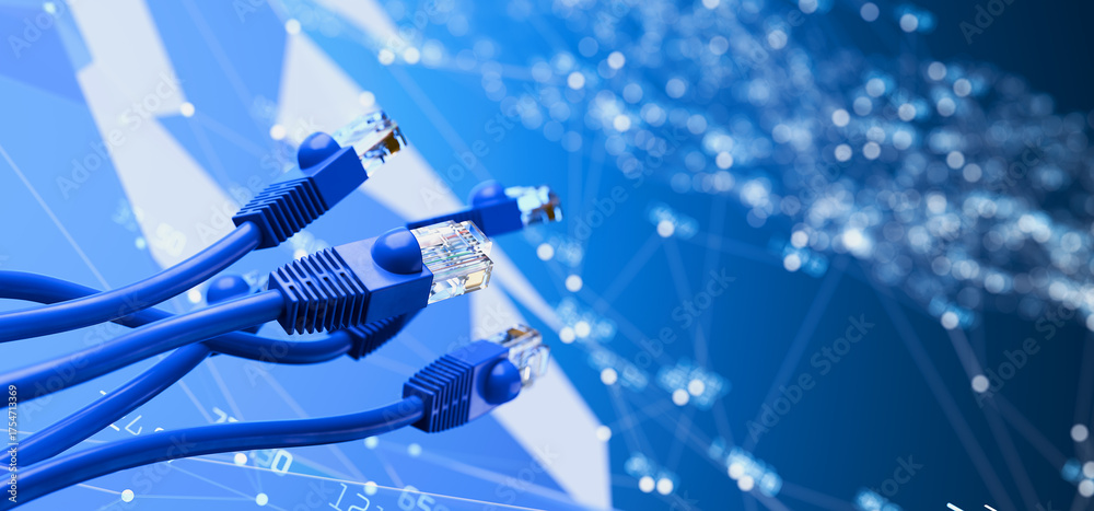 RJ45 Ethernet connectors. RJ45 cables and plugs against a technical ...
