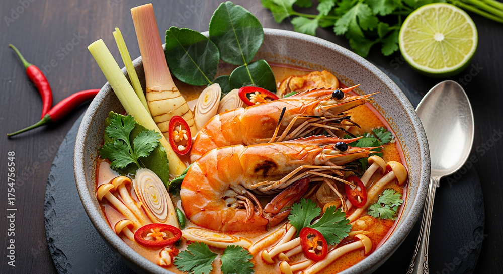 Delicious Tom Yum Goong soup, a popular Thai dish with large shrimp ...