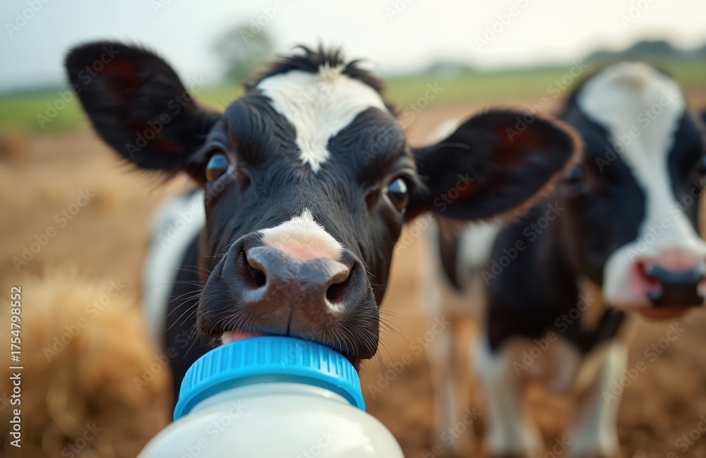 Cute Holstein calf drinks milk from bottle. Baby cow feeding at farm ...