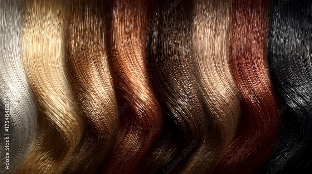Wavy hair strands in different natural colors from platinum blonde to ...