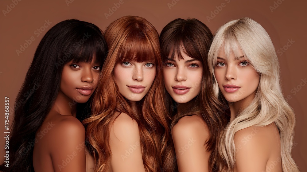 Diverse group of women with different hair colors and skin tones posing ...