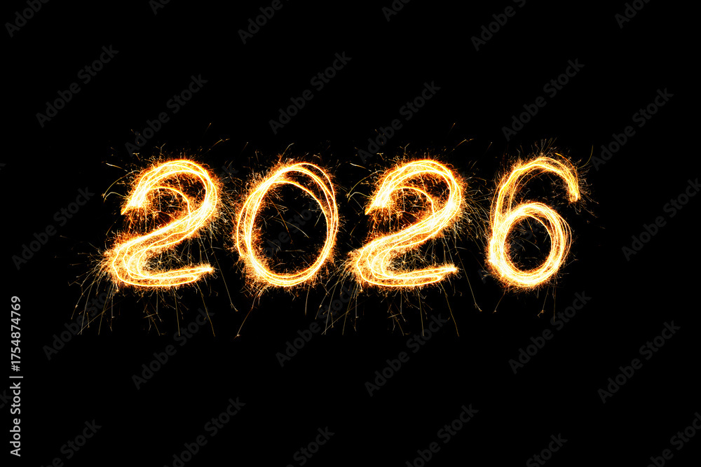 New Year 2026 light. Sparklers draw figures 2026. Bengal lights and ...