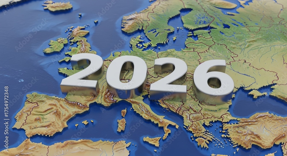Europe Map With 2026 Year - A 3D render of Europe with the year 2026 ...