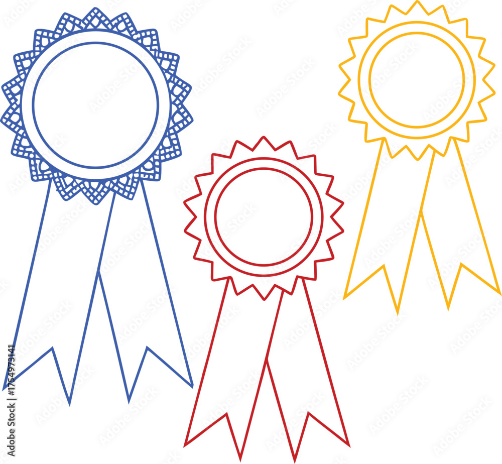 Colorful outline award ribbons set in red, blue, and yellow with blank ...