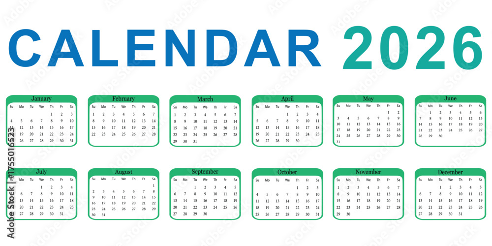 Full year 2026 calendar displayed in monthly grids. 2026 yearly ...