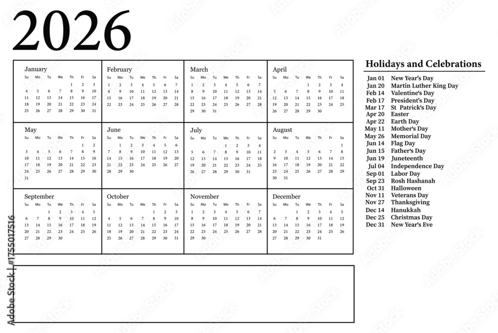 2026 yearly calendar grid with holidays and notes section. 2026 ...