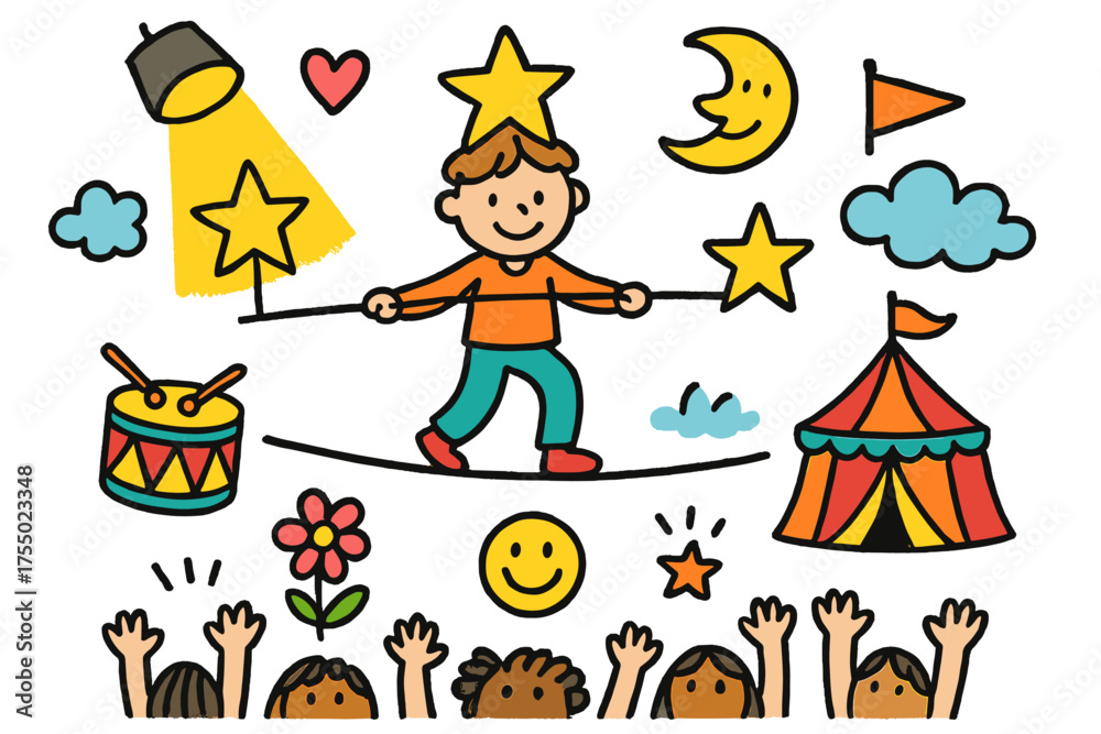 Circus Tightrope Performance. Balancing Stars. Colorful Hand-drawn ...