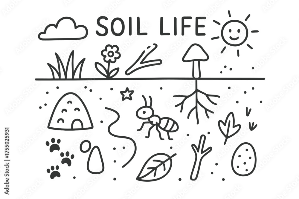Vector de Stock Anthill Doodle Art. Soil life. Hand-drawn doodle ...