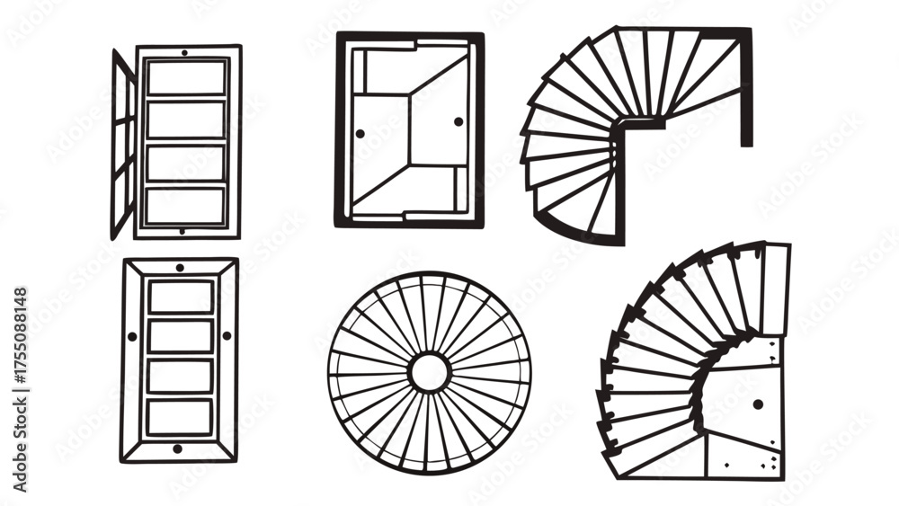 Set of Doors and Stairs Top View Symbols for Floor Plan. Minimal CAD ...