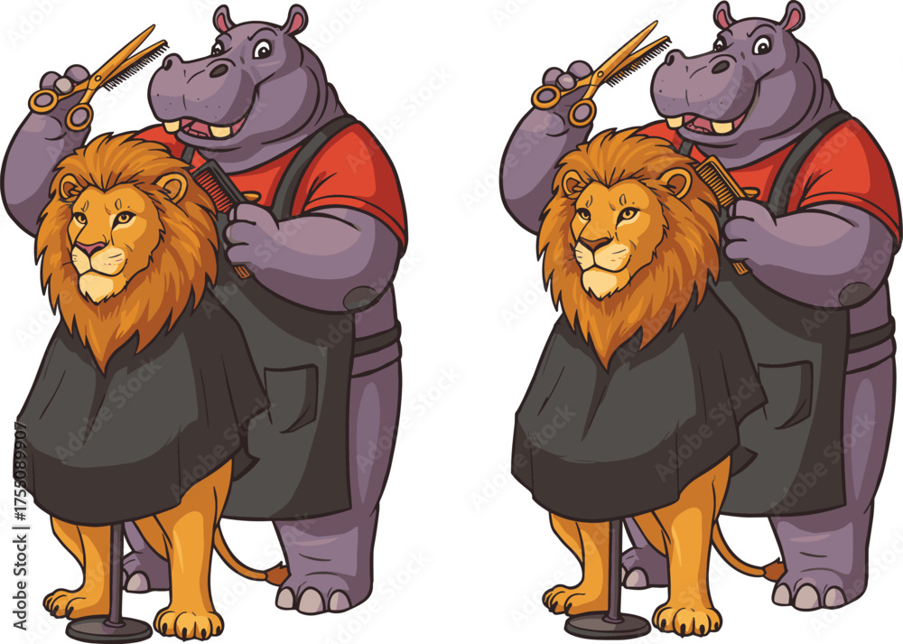 Funny hippo barber cutting lion mane, animal hair salon cartoon ...