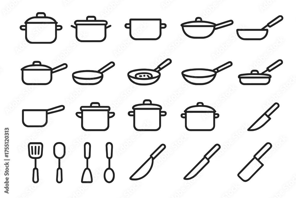 Various cooking pots and utensils are arranged in a grid layout ...
