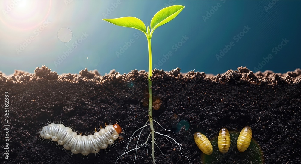 Plant root system development, soil cross section showing grub and ...