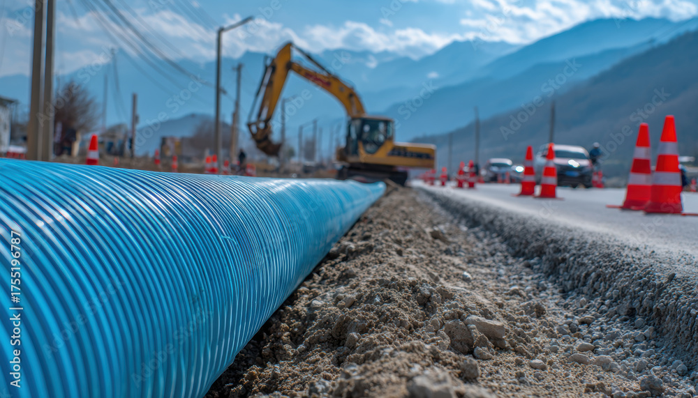 Long blue plastic water pipe is being diligently laid along road under ...