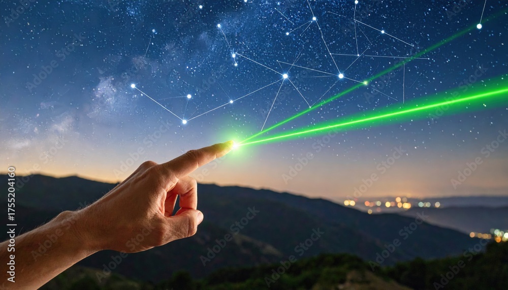 Human Hand Touching Green Laser Beam Across Night Sky with Mountain ...