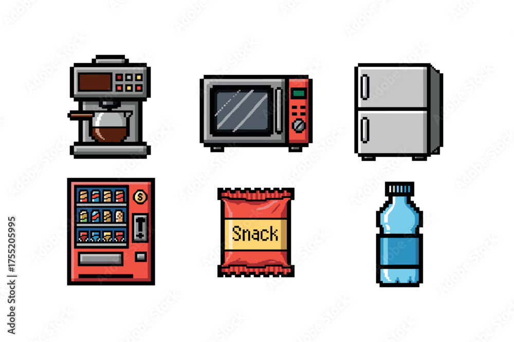 Pixel art kitchen appliances and snacks: coffee maker, microwave ...