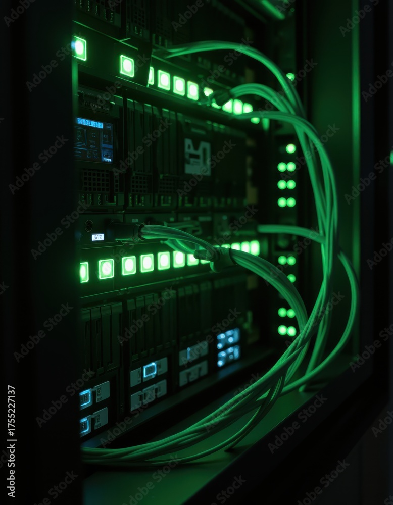 Server rack filled with illuminated green lights and cables The image ...
