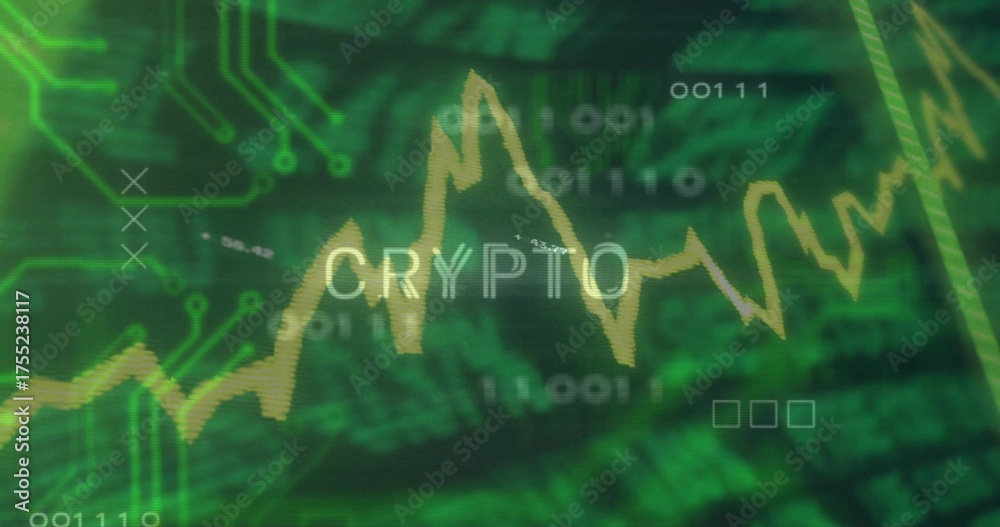 Displaying green crypto dashboard showing yellow line chart, CRYPTO ...