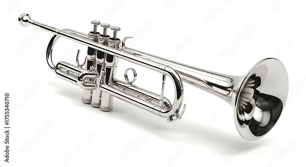 Highly reflective silver trumpet instrument with three valves, angled ...
