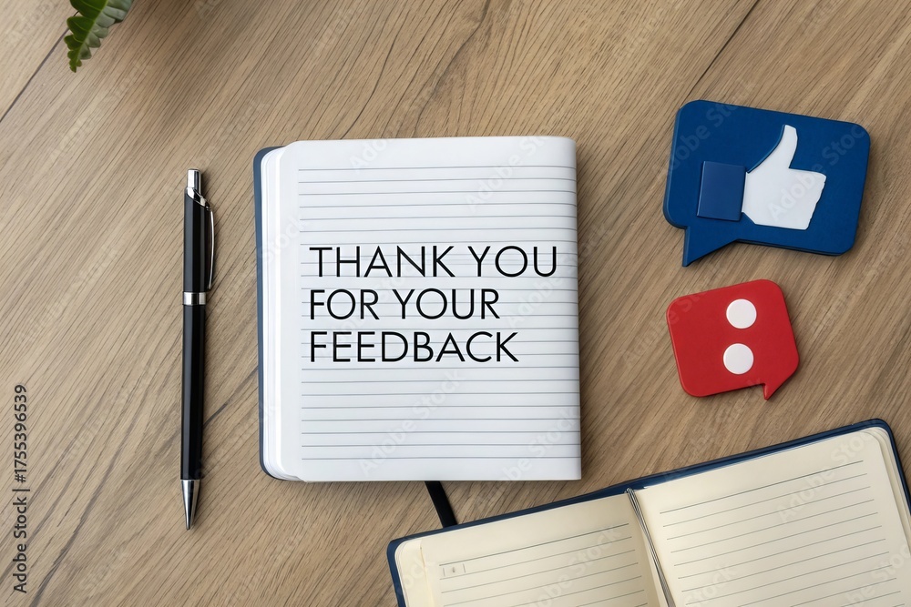 Words written 'THANK YOU FOR YOUR FEEDBACK' on a book beside a thumb up ...