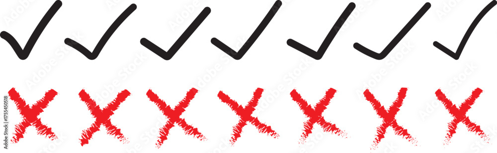 Grunge hand drawn with brush strokes cross x set of grunge check marks ...