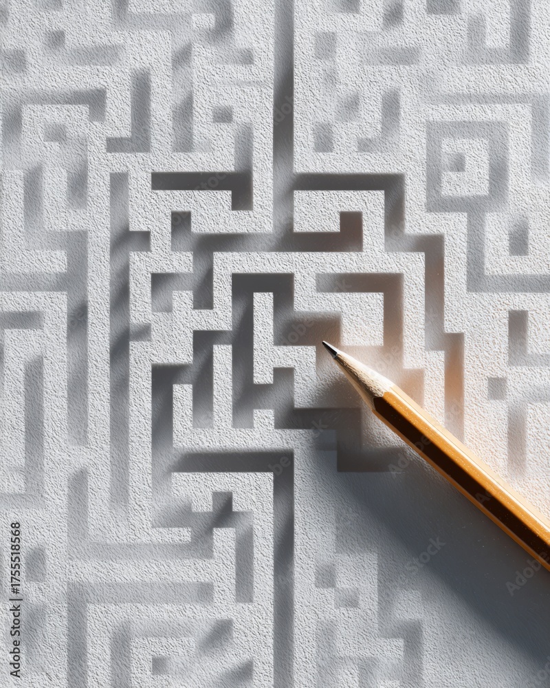 Paper maze with pencil drawing a clear path through it, representing ...