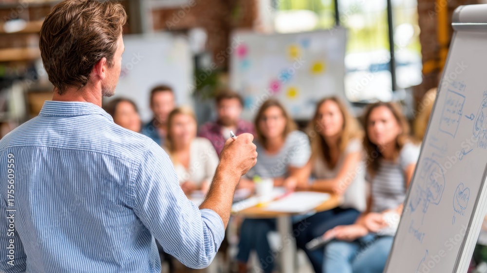 Camera Facing Class: College Professor Gives a Lecture to a Classroom ...